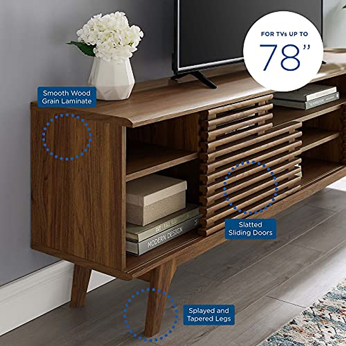 Modway Render 71" Mid-Century Modern Low Profile Media Console TV Stand, 71 Inch, Walnut