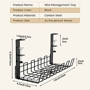 Under Desk Cable Management Tray, Waysse 13'' No Drill Steel Desk Cable Organizers, Cord Organizer Management Tray with Clamp, Desk Wire Management Rack for Office, Home - No Damage to Desk