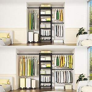 Ulif M5 Wall Mounted Clothes Garment Rack, Heavy Duty Closet Storage and Organizer System with 6 Shelves and 3 Expandable Hanger Rods, Space Saver Suit (46.2-102.4)"W x 14"D x 83.1"H, Black