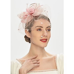 Cizoe Fascinator Hats for Women Tea Party Headband Kentucky Derby Wedding Flower Mesh Veil Fascinator (A-blush pink)