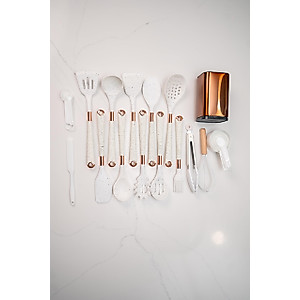 Chef Kitchen Cooking Utensils Set, Non-Stick Silicone Cooking Kitchen Utensil Set with Holder, Wooden Handle Silicone Kitchen Gadgets Utensil Set (White)