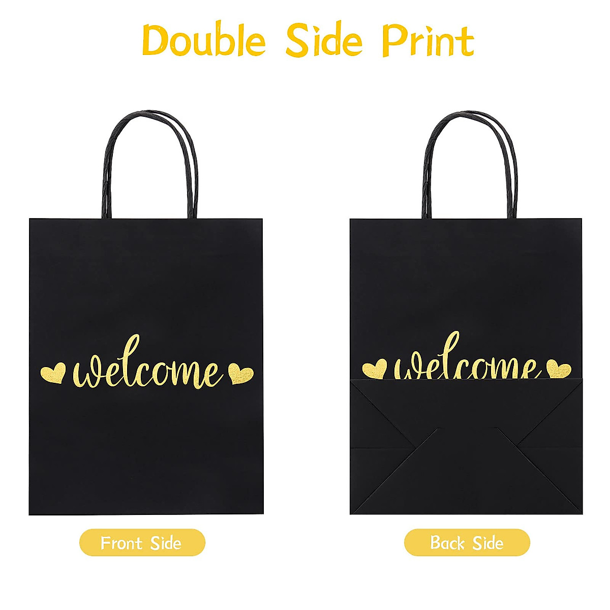 QIELSER Welcome Gift Bags Bulk 50 Pcs Medium, Gold Foil Welcome Black Paper Wedding Bags with Handles for Retail Shopping, Wedding, Baby Shower Holiday, Party Supplies, Size 8x4.75x10 Inches