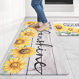 Carvapet Kitchen Floor Mats 2Pcs, Anti Fatigue Kitchen Rugs and Mats Farmhouse Sunflowers Non-Skid Cushioned Floor Comfort Mat for Kitchen, Doorway, Sink, Laundry, 17"x27"+17"x47"