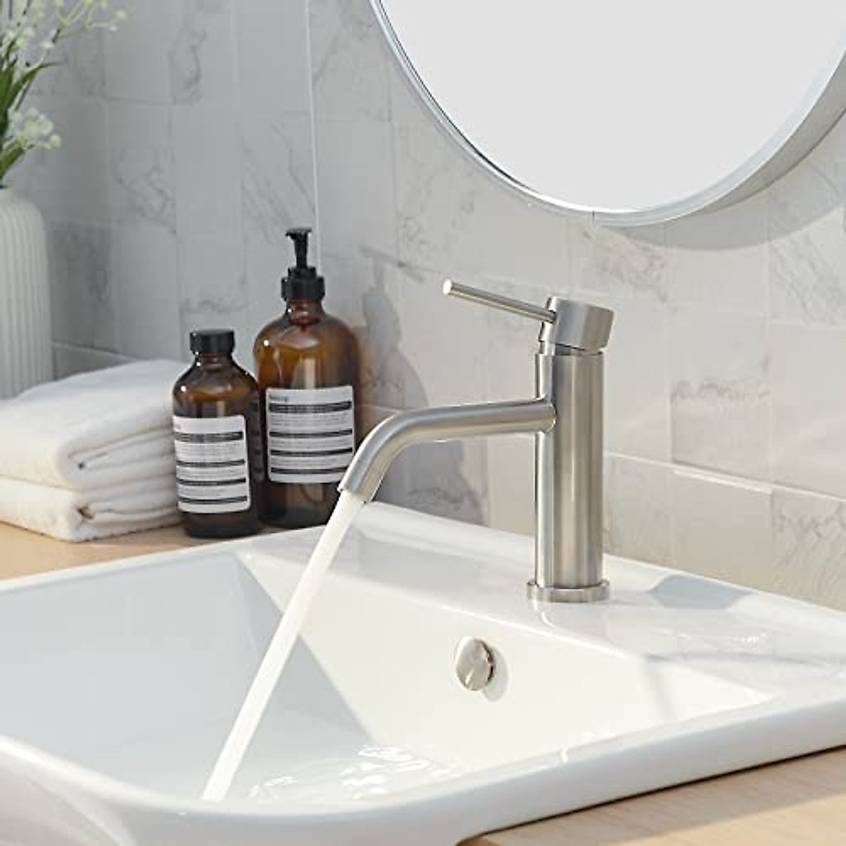 BATHLAVISH Bathroom Sink Faucet Brushed Nickel Single Hole Single Handle Modern Vanity Lavatory Mixer Tap RV Deck Mounted with Pop Up Drain with Overflow Combo