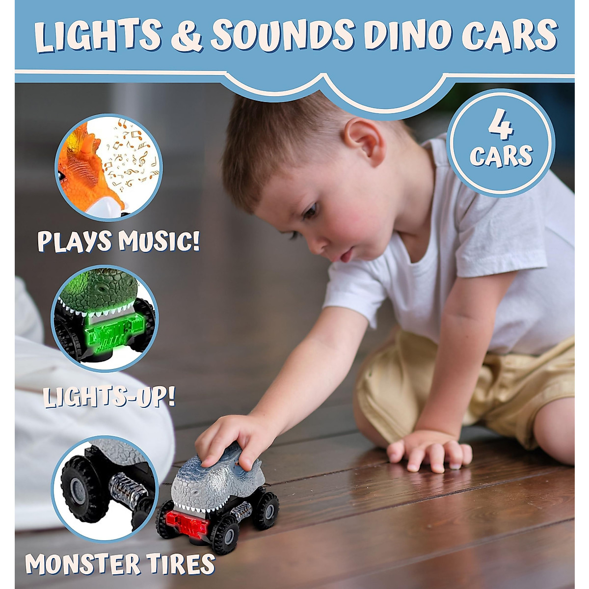 ToyVelt 2021 Edition Dinosaur Pull Back Cars Toys for Kids – 4 Pack Cars Fun Dinosaur Car Set with Exciting Lights, Sounds - Birthday, Christmas, for Boys and Girls Ages 3-10 Years Old