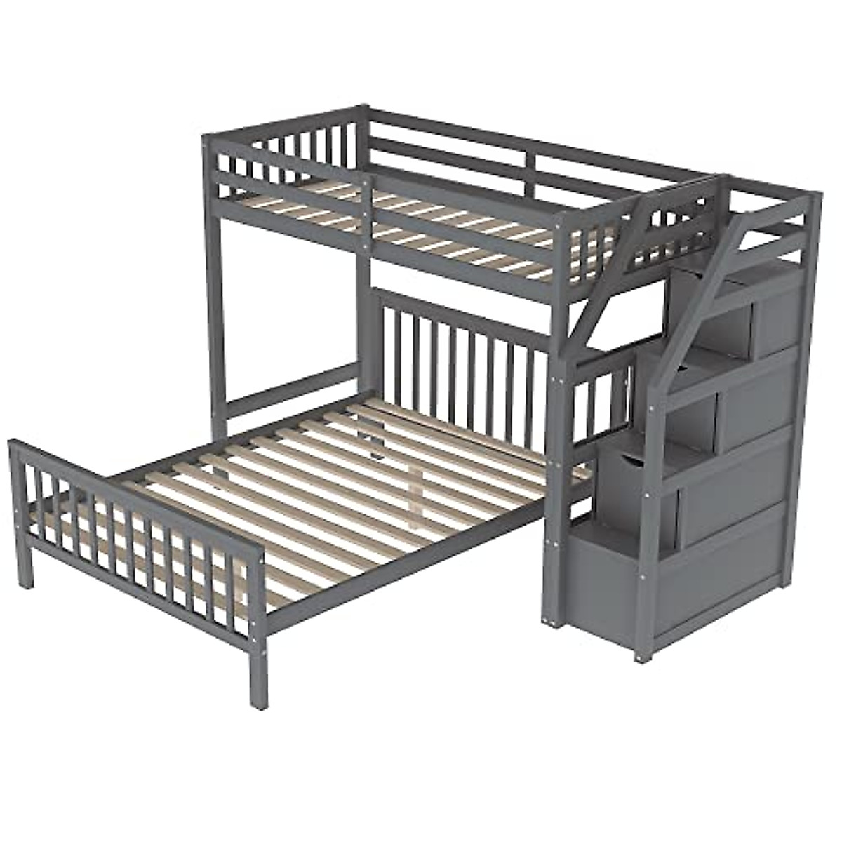 BOVZA Twin Over Full Bunk Bed with Stairs, Twin Size Loft Bed with Storage Staircase & Full Platform Bed, Wooden Bunk Beds for Kids Teens Adults, Gray