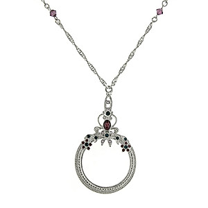 1928 Jewelry Blue & Purple Crystal Floral Silver-Tone Magnifying Glass Pendant Necklace, 30 Inch Long - Magnification Power: 2X