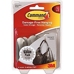 Command 3 lb Capacity Hooks, Indoor Use, 4 hooks, 6 strips