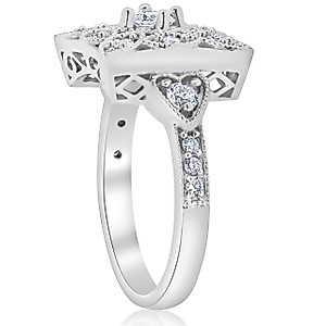 10k White Gold 1/2 Ct Round-Cut Natural Diamond Anniversary Ring Vintage Antique Accented Womens Square Framed Engagement Band