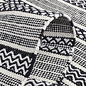 SAVON Hand Woven Cotton Flatweave Area Rug 3x2 Footmat Doormat Woven Black and White Geometric Boho