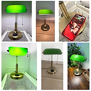 FIRVRE Glass Bankers Desk Lamp USB Wireless Charging Port LED Desk Lamp Classic Retro Pull Chain Switch Table lamp Reading Modern for Home Office nightstand Bedside Study Desk Library (Green)