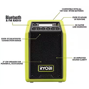 Buho Cordless 4-Tool Storm Ready Accessory Bundle - Ryobi Bluetooth Radio Area Light Power Inverter Multi Tool 2.0 Ah Battery 18 Volt Charger Tool Bag