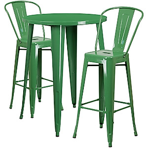 EMMA + OLIVER Commercial 30" Round Green Metal Indoor-Outdoor Bar Table Set-2 Cafe Stools