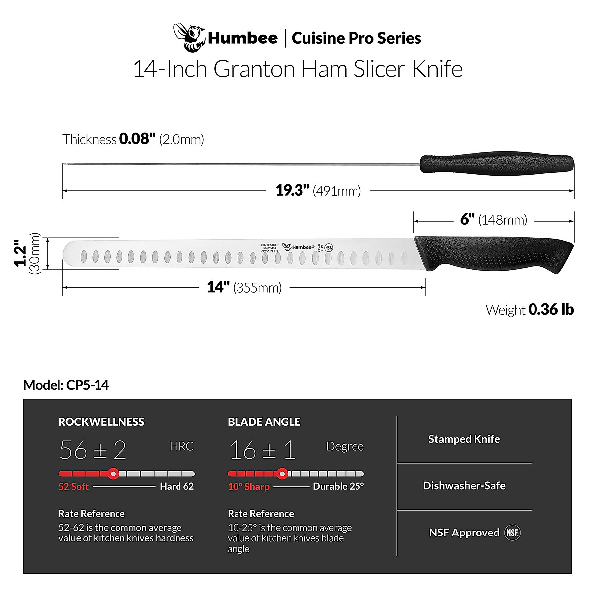 Humbee Chef 14-Inch Carving Knife with Granton Edge for Turkey Ham Meat Slicing and cutting NSF Certified CP5-14 Black