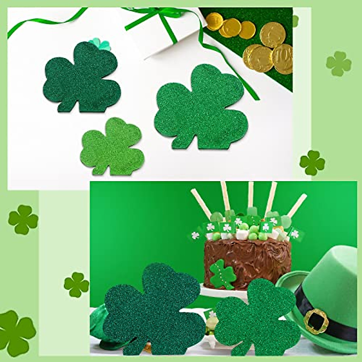 3 Pcs St. Patrick's Day Shamrock Wooden Sign Glitter Rustic Shamrock Shape Wood Decor Tabletop Centerpiece Shamrock Decor Freestanding Love Table Decoration for Irish Desk Home Shelf Decor (Shamrock)