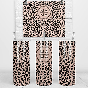 YouNique Designs Leopard Mama Coffee Tumbler with Straw and Lid, 20 Oz, Insulated Stainless Steel Skinny Tumbler for Women, Cheetah Print Mom Tea Tumbler, Mom Life Water Tumbler Cup