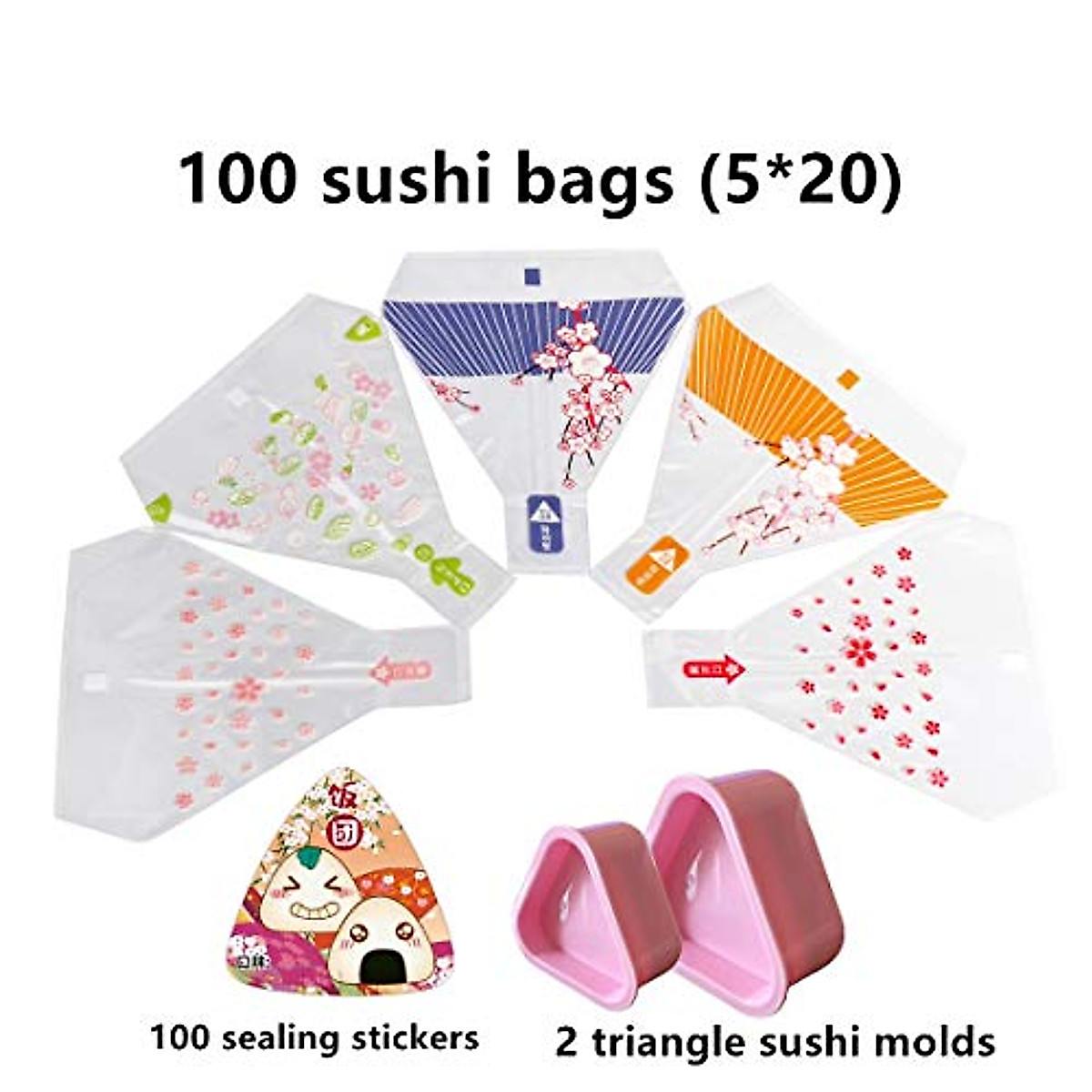 Onigiri Mold, Cute food bag Fashionable sushi bag rice ball packing bag Anti-fog bag Easy tear Sushi packaging bag 100pcs Send stickers 2 triangle molds