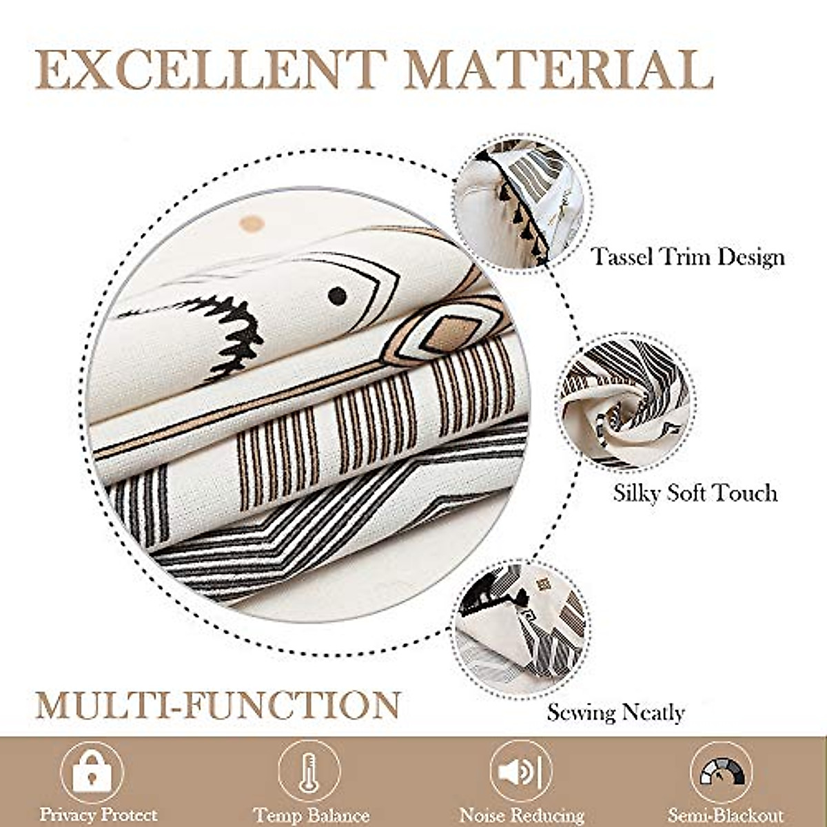 ColorBird Geometric Semi-Blackout Window Curtains 2 Panels Tribal Style Cotton Linen Darkening Curtains with Black Bordered Tassel Rod Pocket Window Drapes for Living Bedroom, 59W x 84L Inch, 1 Pair