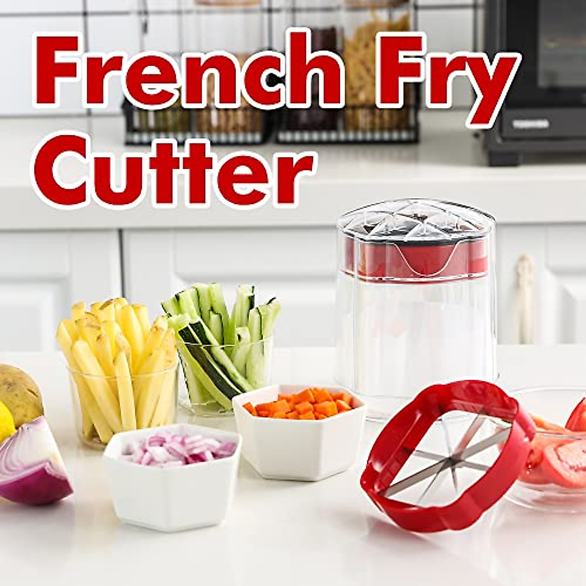 French Fry Cutter, Professional Home Style Potato Cutter Fry Cutter Onion Chopper Apple Slicer Corer Great for Potatoes Carrots Cucumbers 2 Blades