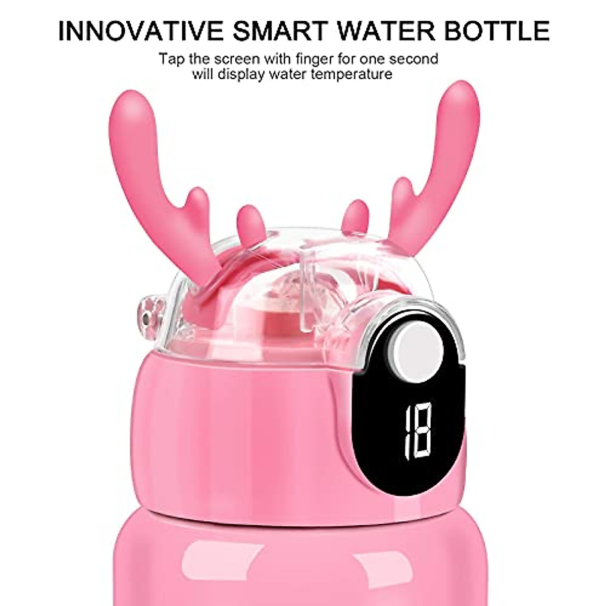 Temperature Display Kids Water Bottle，18 Oz，Straw Lid，Vacuum Insulated，316 Stainless Steel，Modern Double Walled Thermo Mug，Pink