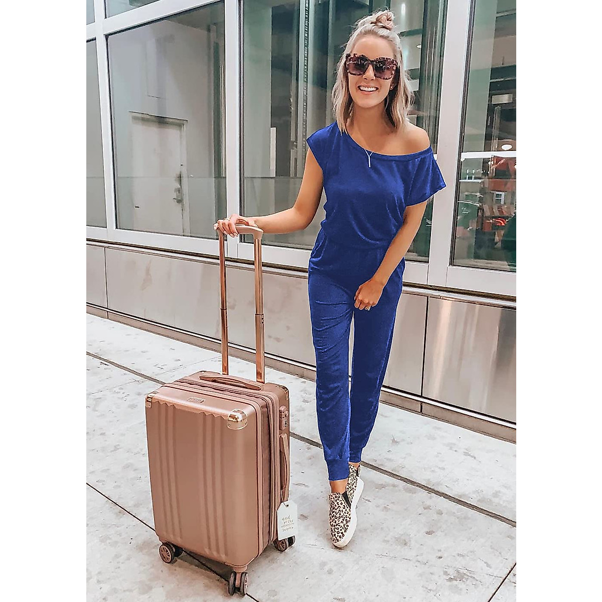 PRETTYGARDEN Women's Loose Solid Off Shoulder Elastic Waist Stretchy Long Romper Jumpsuit (Blue,Small)