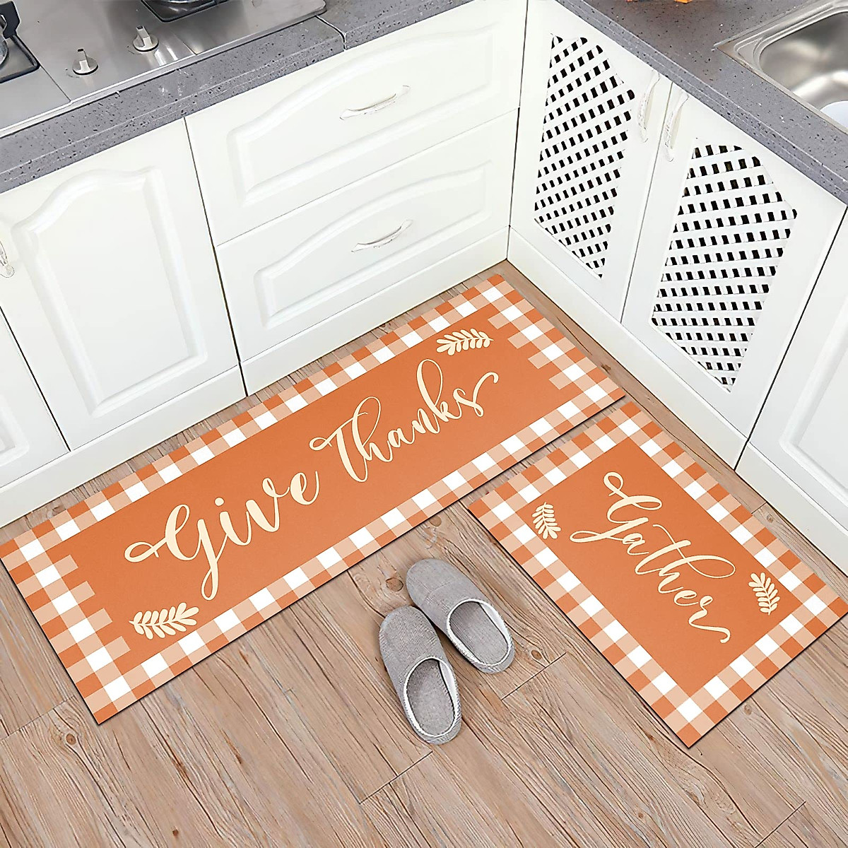 HOLVDENG Fall Buffalo Plaid Kitchen Mat Set of 2 Non Slip Thick Kitchen Rugs and Mats for Floor Comfort Standing Mats for Kitchen, Sink, Office, Laundry, 17"x47"+17"x28"