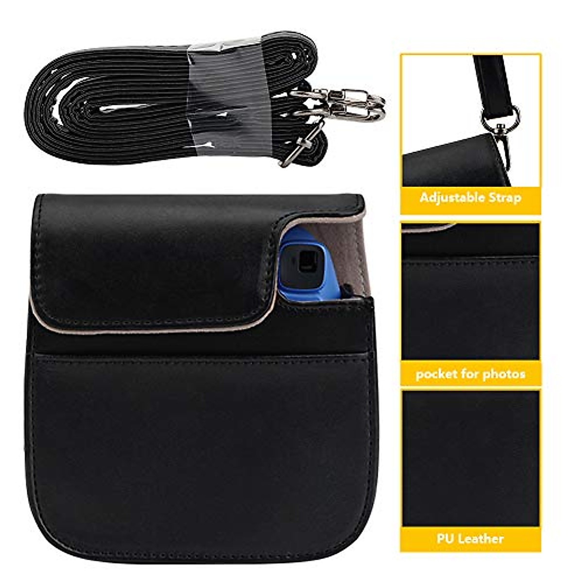 Blummy PU Leather Camera Case Compatible with Fujifilm Instax Mini 11/ Mini 9/ Mini 8 Instant Camera with Adjustable Strap and Pocket (Black)
