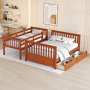 TARTOP Bunk Bed with Drawers, Twin Over Full Bunk Bed, Solid Wood Bunk Bed Frame with Ladders & 2 Storage Drawers, Bedroom Furniture,Walnut