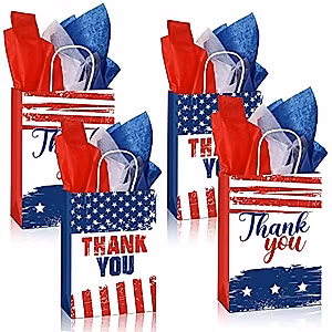 Pajean 16 Pieces Patriotic Thank You Gift Bags with 18 Red White Blue Tissue Paper American Flag Party Favor USA Treat Goodie Handle for Veterans Day Memorial Independence