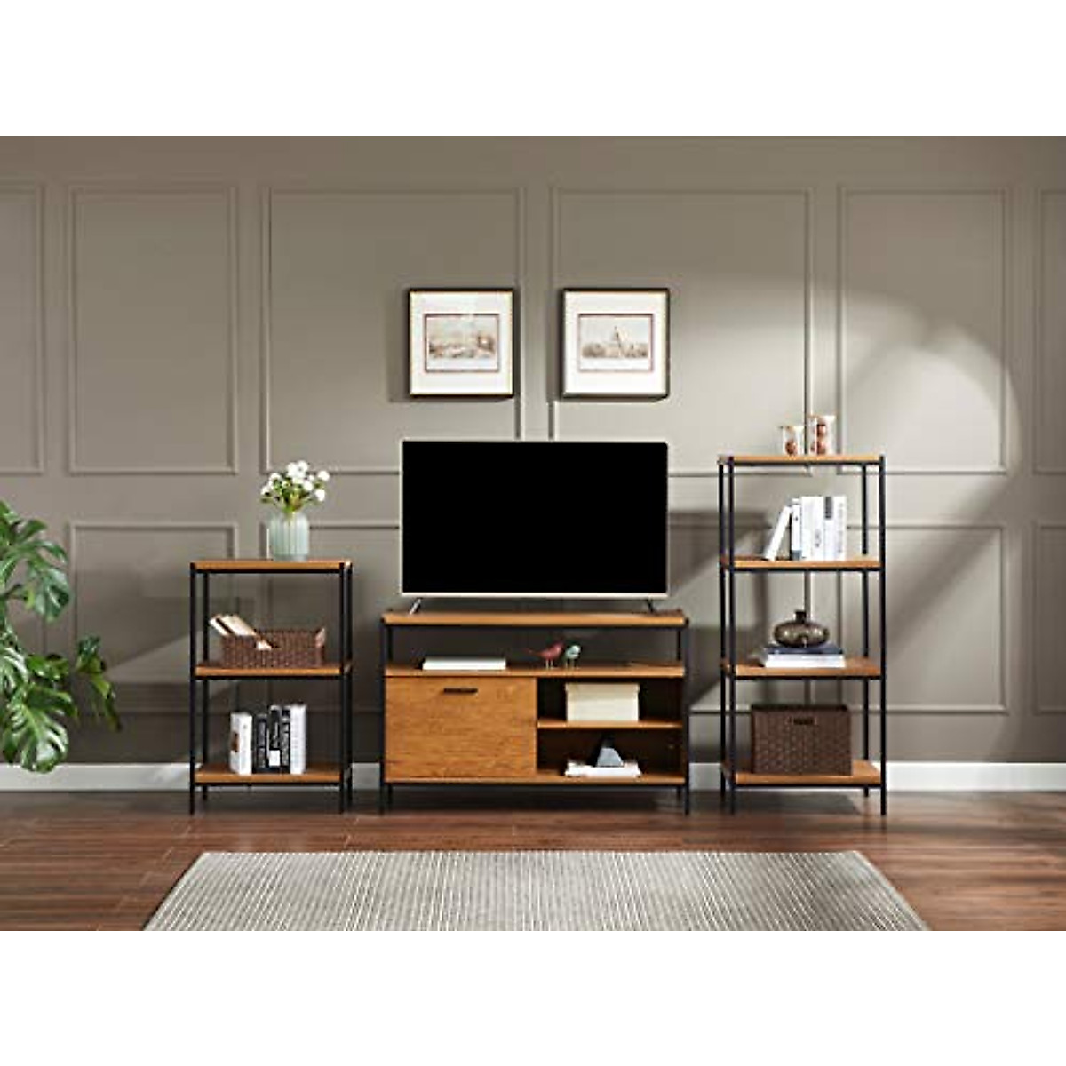 Caffoz 48" Sliding Barn Door TV Media Stand with Storage Shelves, Industrial Entertainment Center with Slide Door Cable Management Farmhouse Wood Look Accent Furniture, Oak Brown