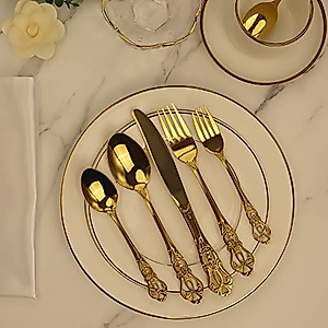 Runfly Gorgeous Retro Royal Gold Stainless Steel 20 Pieces Flatware Set, Golden Silverware Set, Anti-rust Stainless Steel Gold Cutlery Set Utensils Including Fork Spoon and Knife
