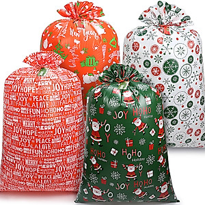 HRX Package Extra Large Christmas Gift Bags 56x36 inch, 4pcs Jumbo Gift Bags for Presents, Heavy Duty Plastic Wrapping Xmas Sack for Huge Gifts