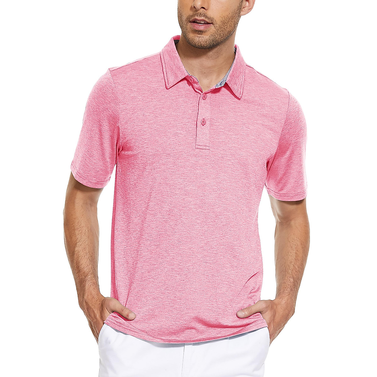 TACVASEN Lightweight Breathable Golf Polo Shirt for Men Elastic Quick Dry Fit Hiking Running Outdoor Shirt for Men Pink
