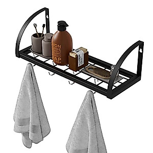 JOIN IRON Floating Wall Shelves Set of 1,Black Floating Shelves, Bathroom Rack with Hook,Wall Shelves for Bathroom/Living Room/Kitchen/Bedroom