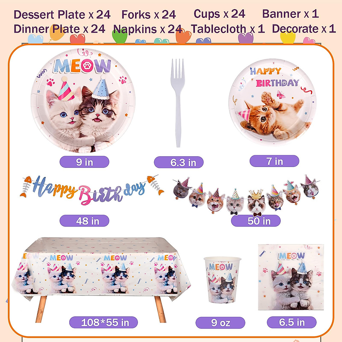 Atonofun Cat Party Plates, Cat Plates and Napkins Party Supplies, Disposable Plates, Cups, Napkins, Cutlery and Tablecloth for Cat Themed Birthday Party Decorations Serves 24