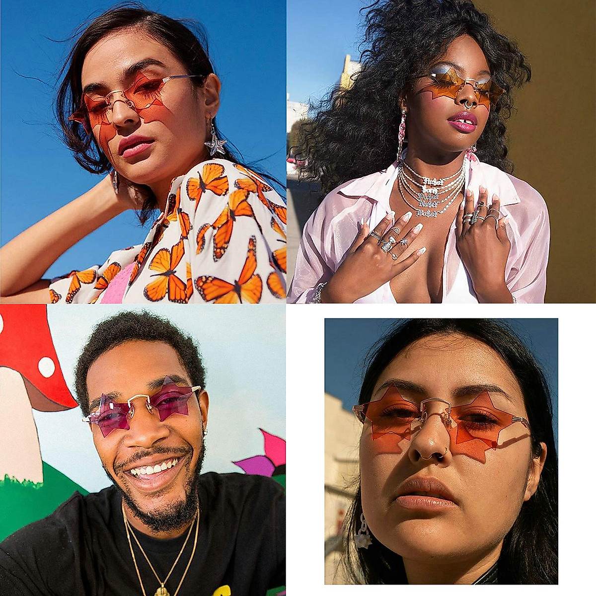 willochra Rimless Star shape Sunglasses Transparent Sun Glasses for women/men Party glasses Super Cute pentagram eyewears (blue)