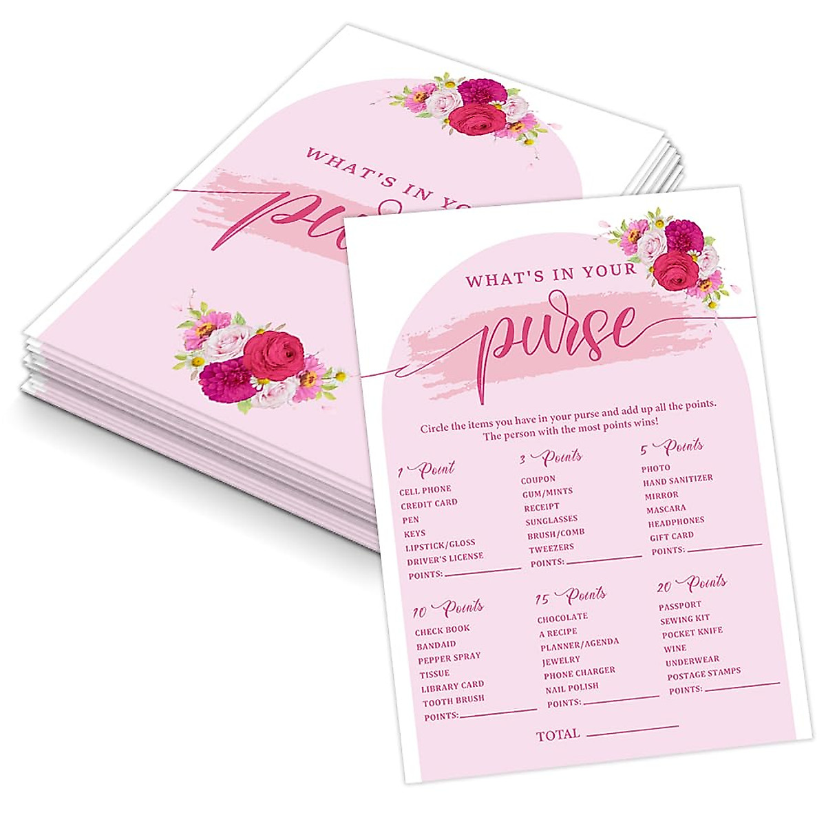 Pink Floral What's In Your Purse Game for 30 Guests with Game Cards, Hot Pink Floral Bridal Shower Game, Modern Bridal Shower Decorations, Wedding Shower or Bachelorette Party Supplies - 01