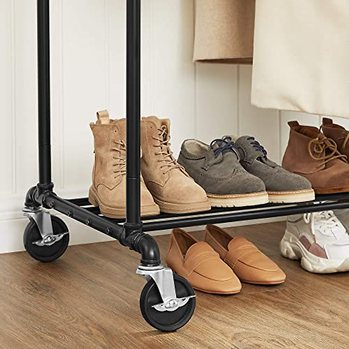 SONGMICS Clothes Rack on Wheels and Clothing Rack Bundle, Heavy Duty Garment Racks with Shelves, Steel, Closet Organization Storage, Black UHSR25BK and UHSR60B