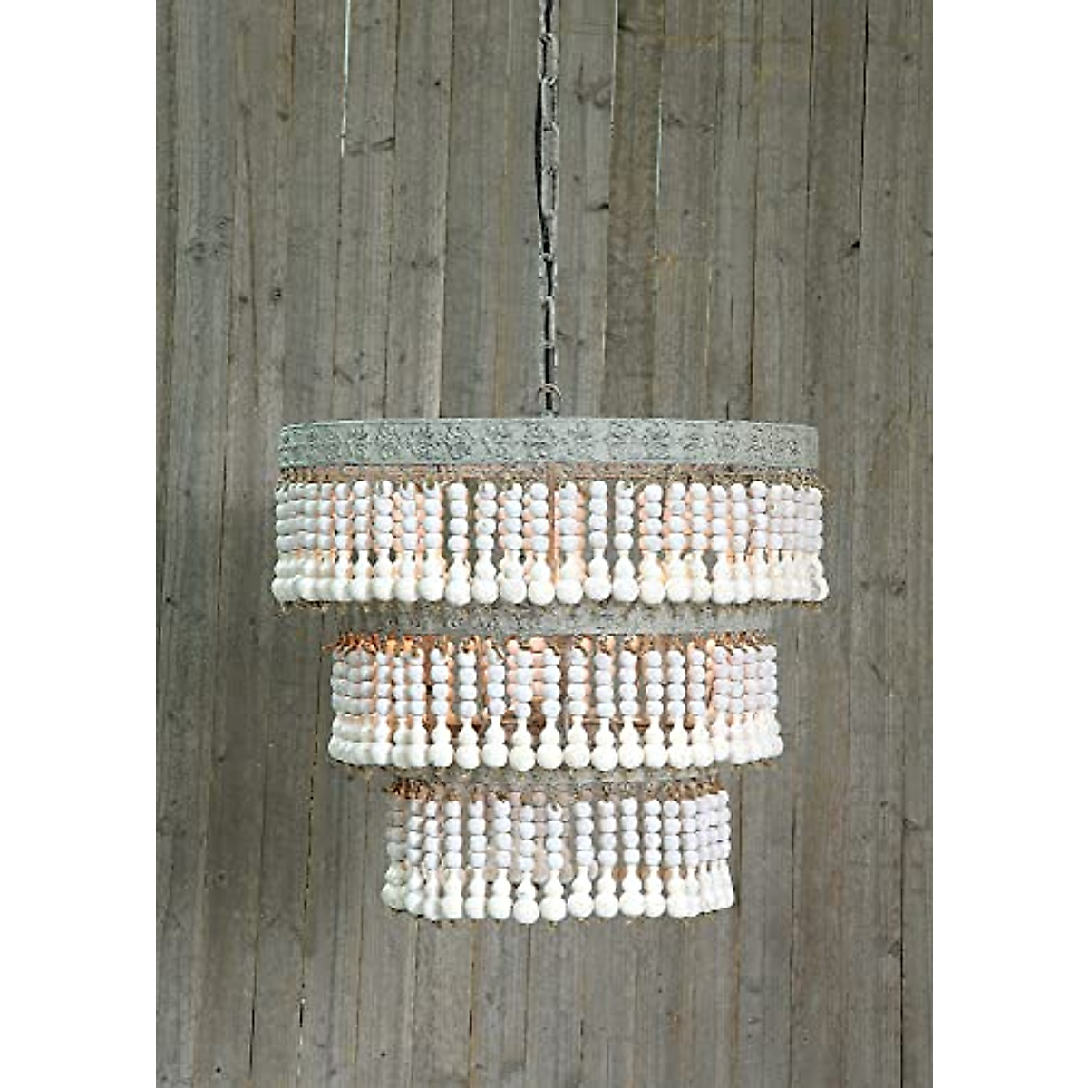 Creative Co-Op Metal & Wood Beaded Chandelier, 20.5" Round by 20" Height, Off- White