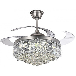 Clody 42''Luxury Crystal Fandelier Ceiling Fan with Lights Modern Chandelier Ceiling Fans with 3 Color LED Panel 3 Speed Quiet Motor Retractable and Reversible Blades Fan for Indoor