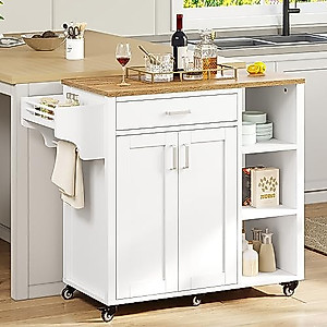 YITAHOME Kitchen Island with Storage Shelf, Rolling Kitchen Island on Wheels with Drawer Open Shelves & Spice Rack Towel Rack Wine Rack, Kitchen Cart with Two Doors for Kitchen, Dining Room, White