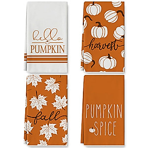 AnyDesign Fall Kitchen Dish Towel 18 x 28 Inch Pumpkin Maple Leaves Harvest Tea Towel Autumn Orange White Dishcloth Rustic Farmhouse Hand Drying Cloth Towel for Holiday Kitchen Cooking Baking, 4 Pack