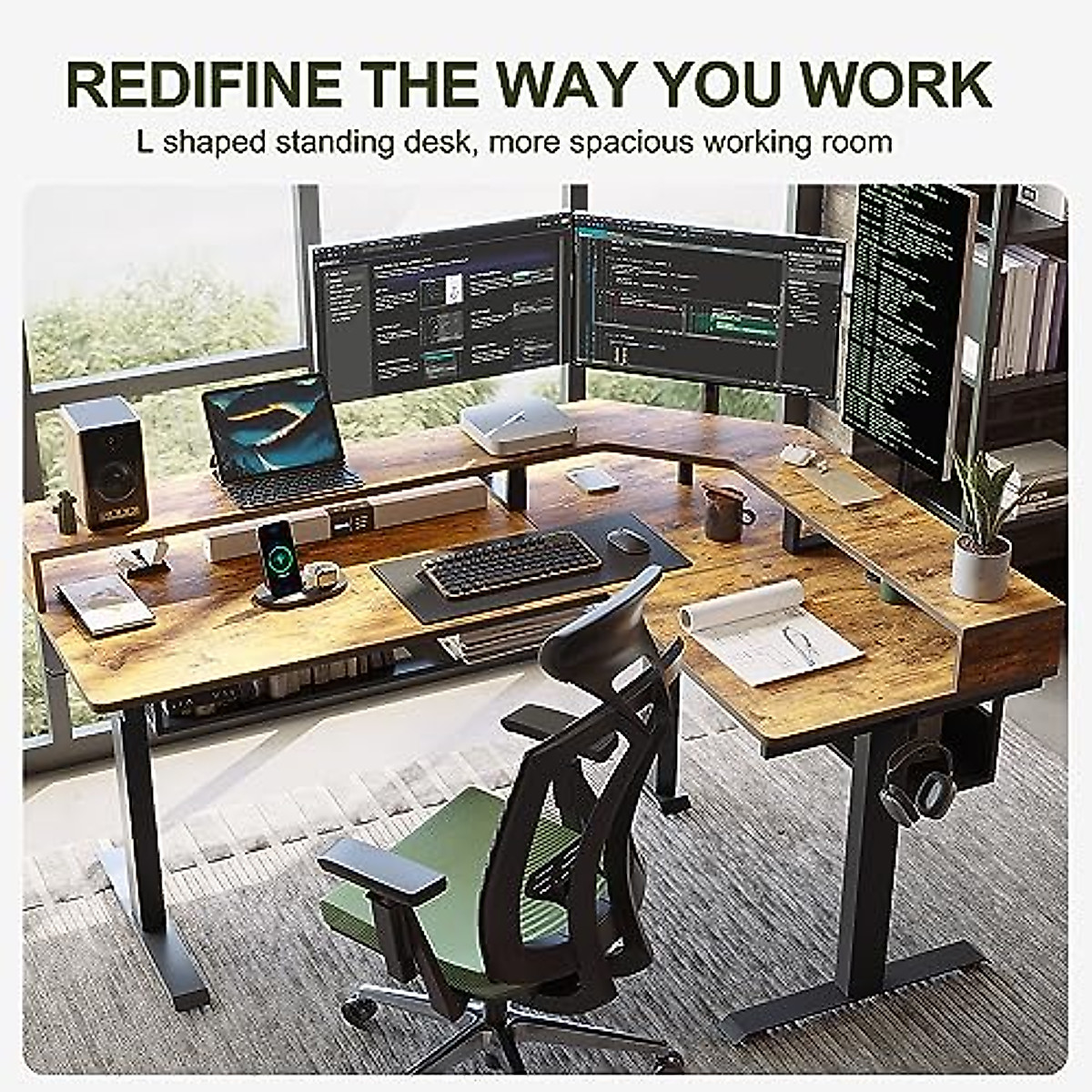 BANTI Triple Motor 63'' L-Shaped Standing Desk with LED Light Strip and Power Outlet, Height Adjustable Standing Corner Desk with Double Shelves, Rustic Top