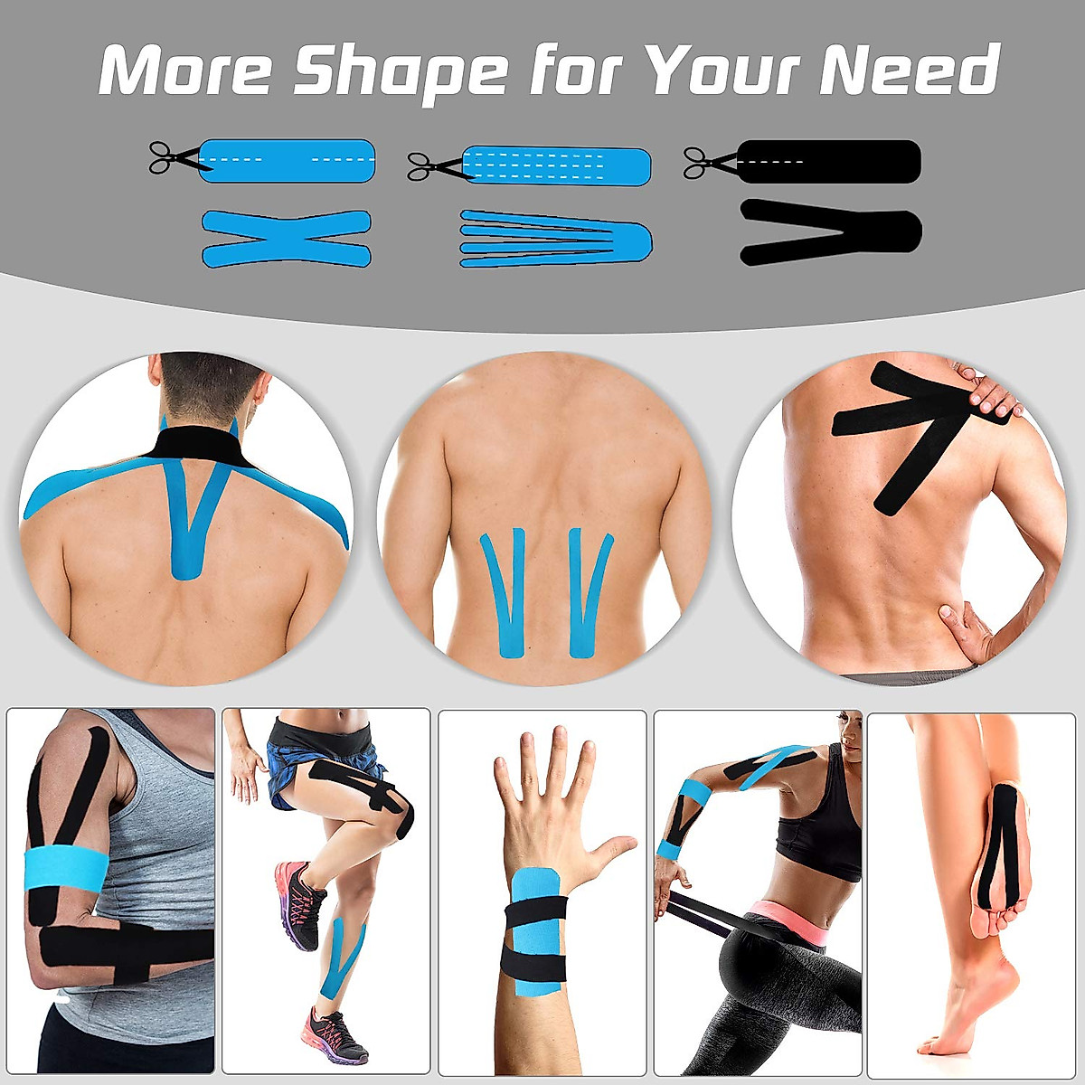 Kinesiology Tape Precut 3 Rolls-Athletic Sports Tape for Muscle & Joints-Physical Therapy Tape for Knee,Ankle,Shoulder,Plantar Fasciitis- Latex Free and Water Resistant-60 Strips, Blue
