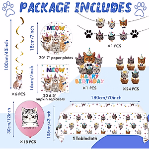 Cat birthday party supplies Kitty Party Supplies Kit Includes Cat Party Banner Plates, Napkins,Tablecloth,Cake Toppers, Balloons,Hanging Swirl for Kids Girls