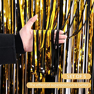 Ohiyoo 5 Pack Black and Gold Fringe Curtain Backdrop 3.2ft x 8.2ft Metallic Tinsel Foil Fringe Curtains for Photo Booth Props Birthday Party Decorations Wedding Graduation Carnival Party Decorations