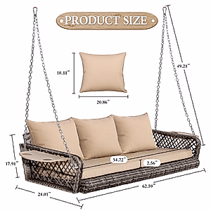 MAGIC UNION 3-Person Wicker Hanging Porch Swing, Patio Outdoor Rattan Swing Bench W/ 3 Back Cushions & 1 Seat Cushion, Sturdy Steel Chain for Deck, Backyard, Garden