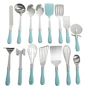 Pioneer Woman Frontier Teal Blue 15 Pc Set Kitchen Tool Stainless Steel Spoon Whisk Spatula Set