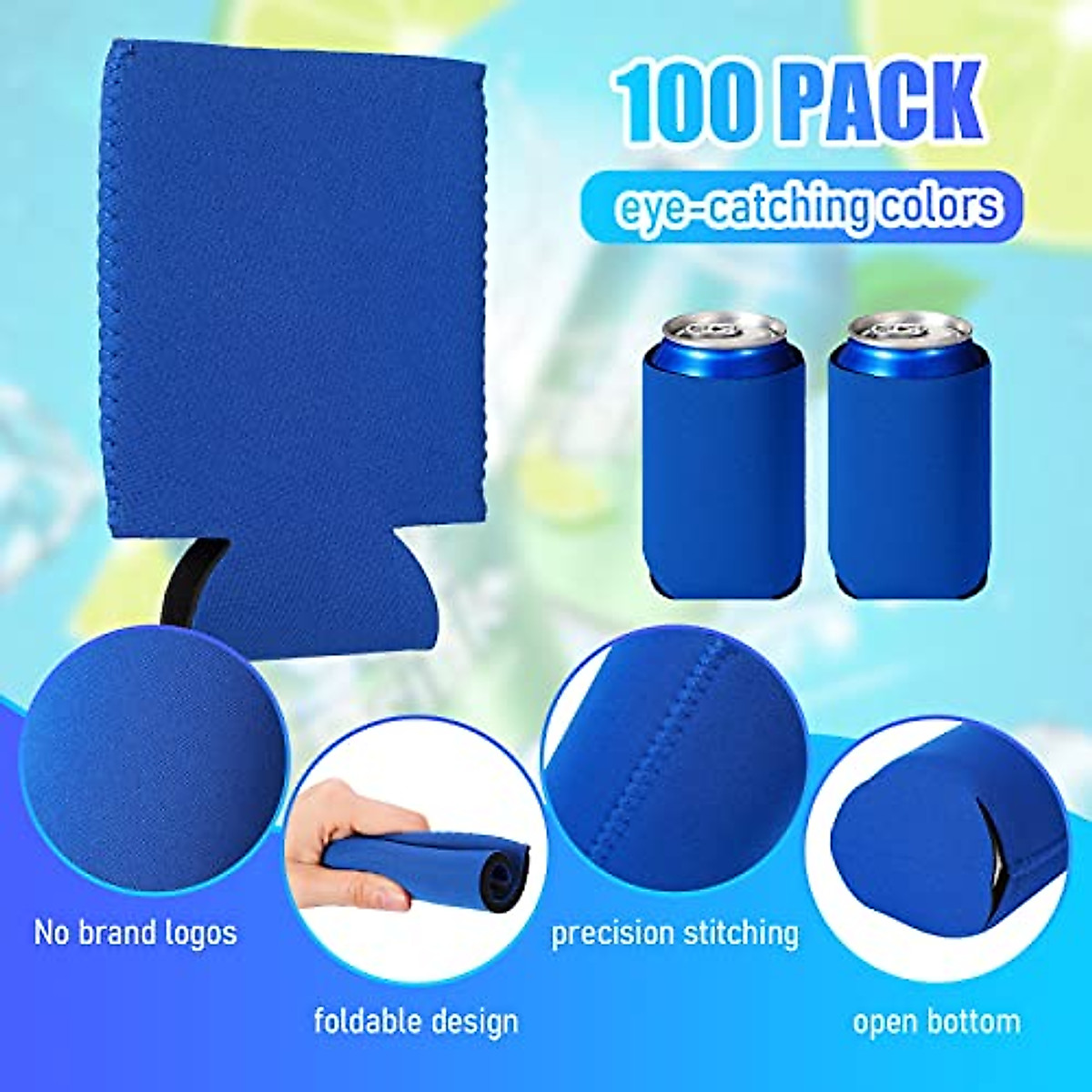 100 Pack Blank Beer Can Cooler Sleeves Soft Insulated Reusable Drink Cooler Bulk Collapsible Sublimation Can Cooler Sleeves for Wedding Party Supplies (Royal Blue)