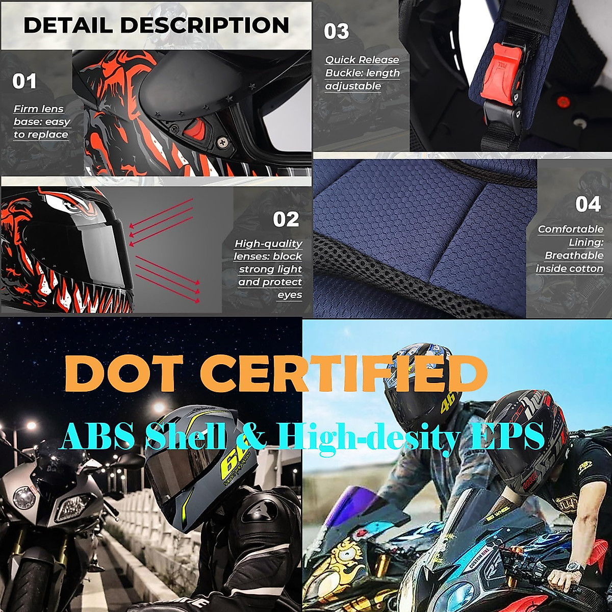 HTLNUZD Full Face Motorcycle Helmet Racing Motocross Helmets with Pinlock Compatible Clear&Tinted Visors DOT Model Approved Street Bike Helmet (XXL, Venom)